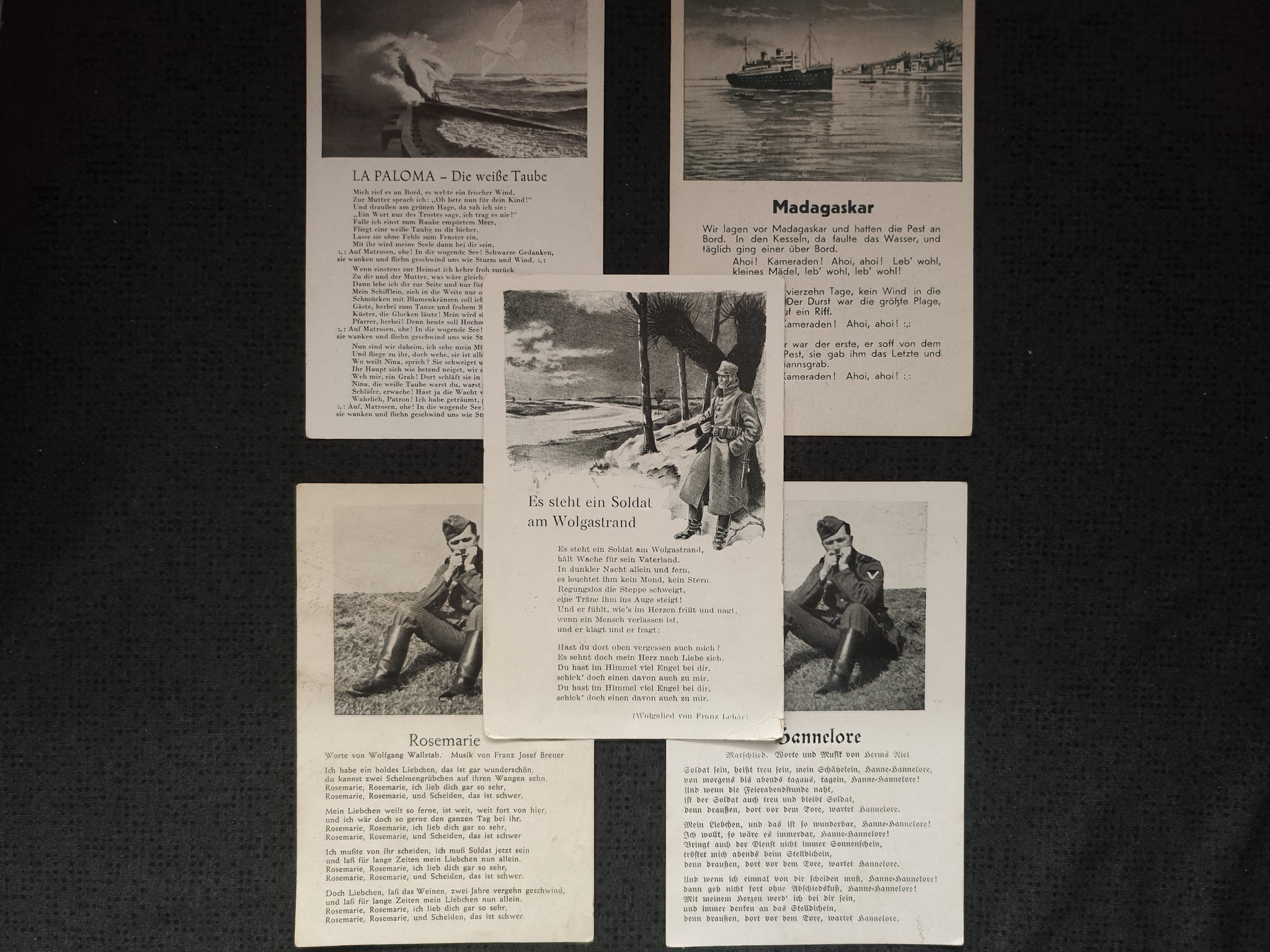 5 x Wehrmacht Liedtexte als Postkarte "Wolgastrand" " Hannelore" "La P ...