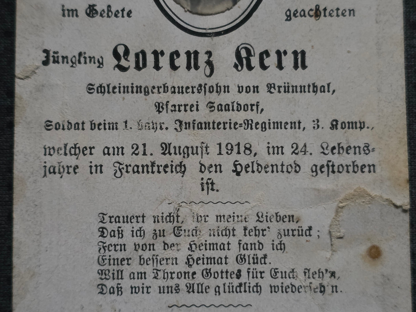 Sterbebild Soldat Saaldorf 3. Komp. Inf. Regt. 1 Echtfoto Blérancourt ...